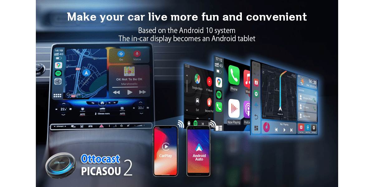 Ottocast CarPlay AI Box PICASOU 2 Newest Android Ai Box Wireless Android Auto CarPlay Adapter ...