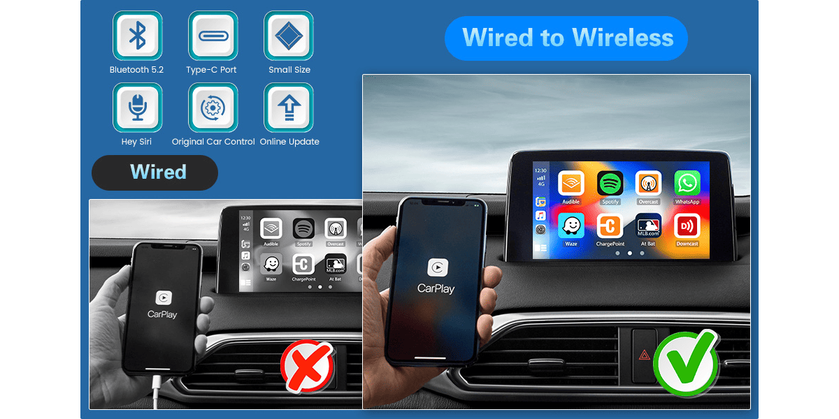 Hikity Wireless Apple CarPlay Adapter Wired to Wireless, Plug & Play ...